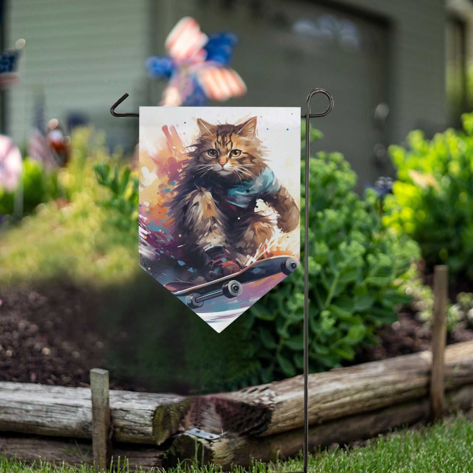 Cat Skateboard Garden Flag 18" x 12.5" Double Sided Yard Lawn Outdoor ...