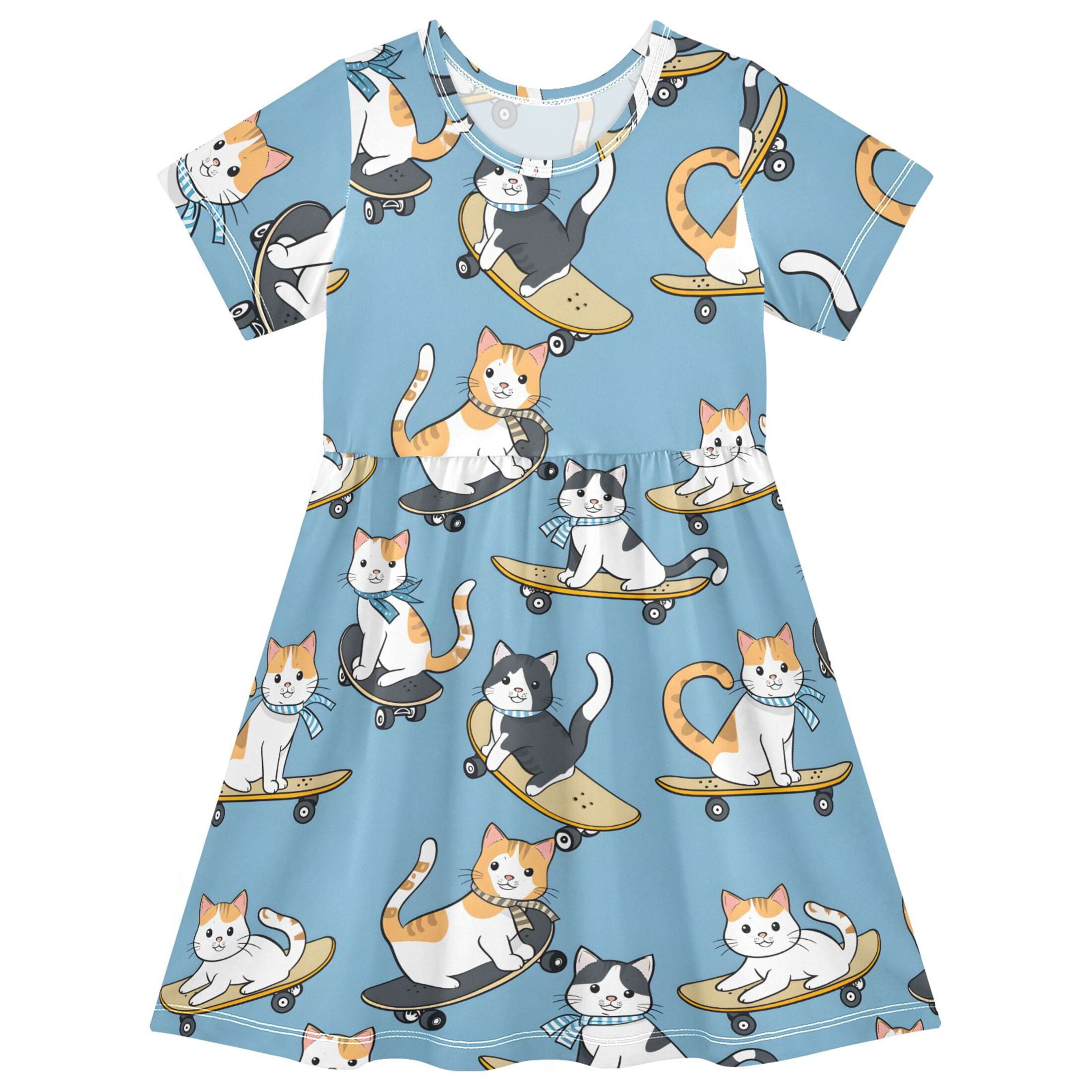 Cat Skateboard Surfboard Short Sleeve Dress A-Line Cute Midi Casual ...