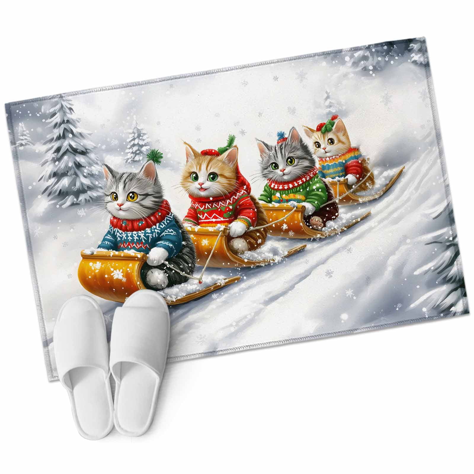 Cat Sled Ski Area Rug 2x3ft Winter Snow Non-Slip Washable Square Rugs ...