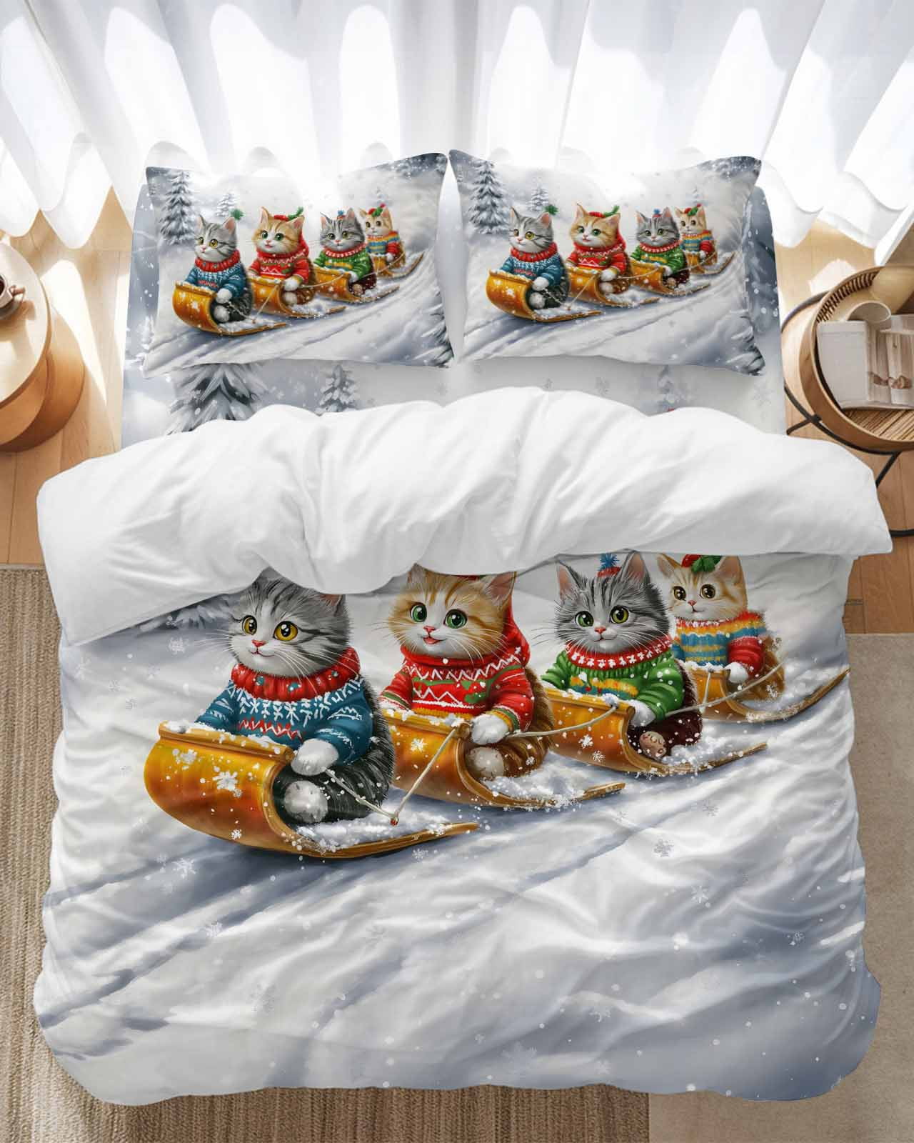 Cat Sled Ski Bedding Duvet Cover Set Full Size 4 Pieces Winter Snow ...