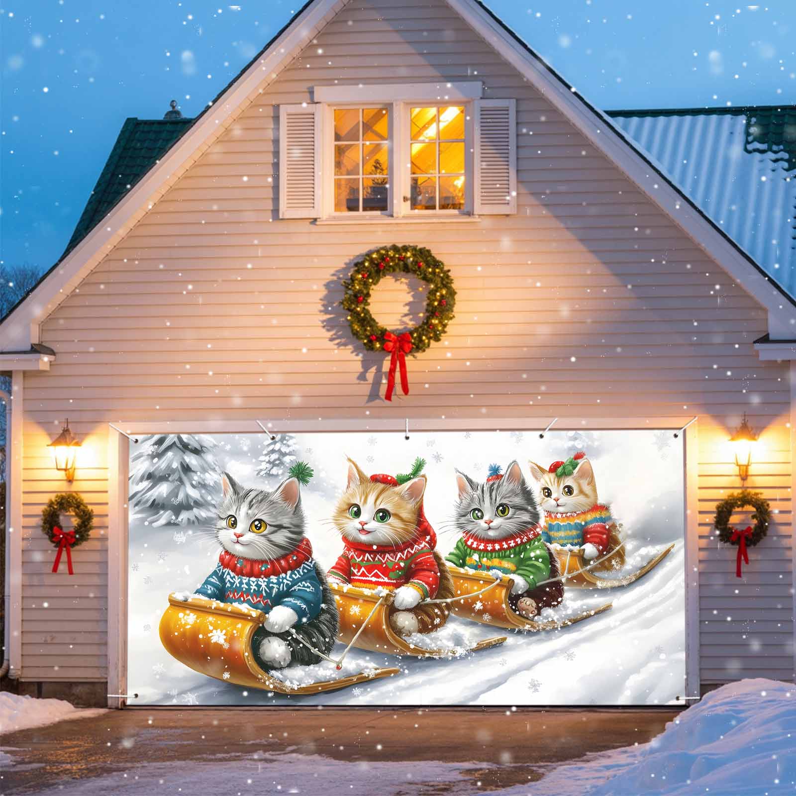 Cat Sled Ski Garage Door Banner Covers, Winter Snow Large Hanging ...