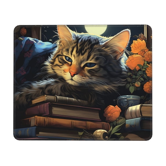 Cat Sleeping Bookshelf Books Art Mouse Pad Non-Slip Rubber Gaming ...