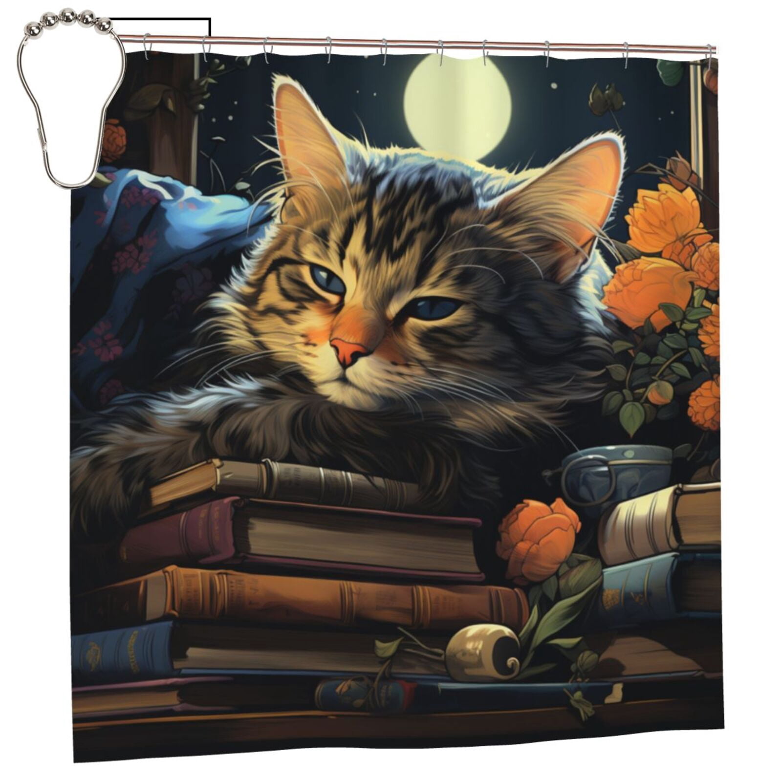 Cat Sleeping Bookshelf Books Art Shower Curtain with 12 Iron Hooks ...