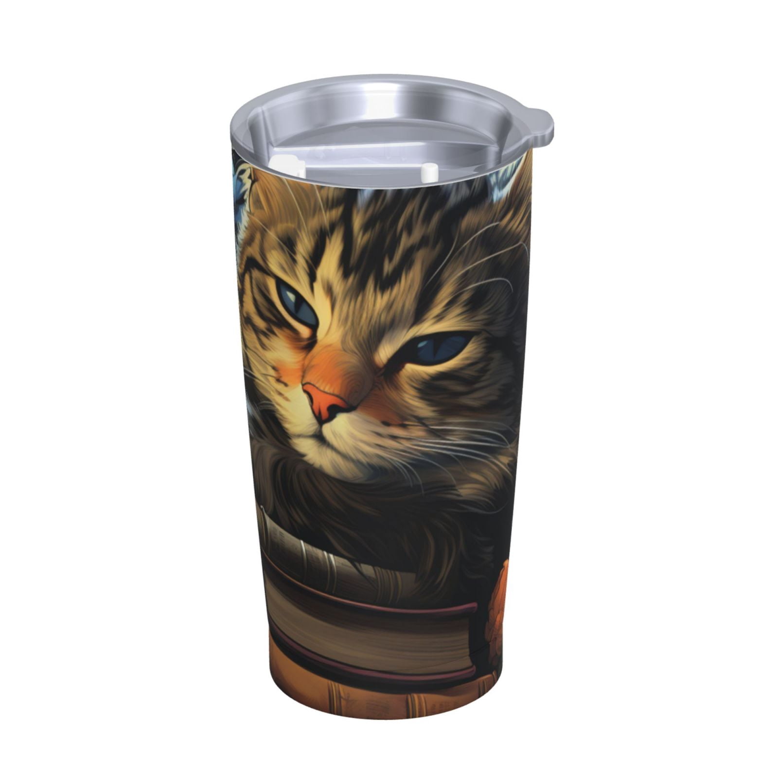 Cat Sleeping Bookshelf Books Art Stainless Steel Tumbler with Lid and ...