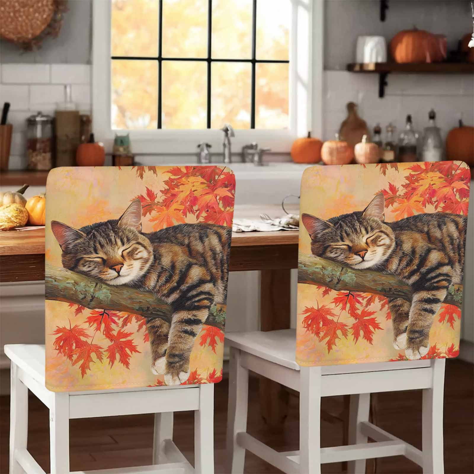 Cat Sleeping on A Branch Chair Covers Set of 1 Fall Thanksgiving Orange ...