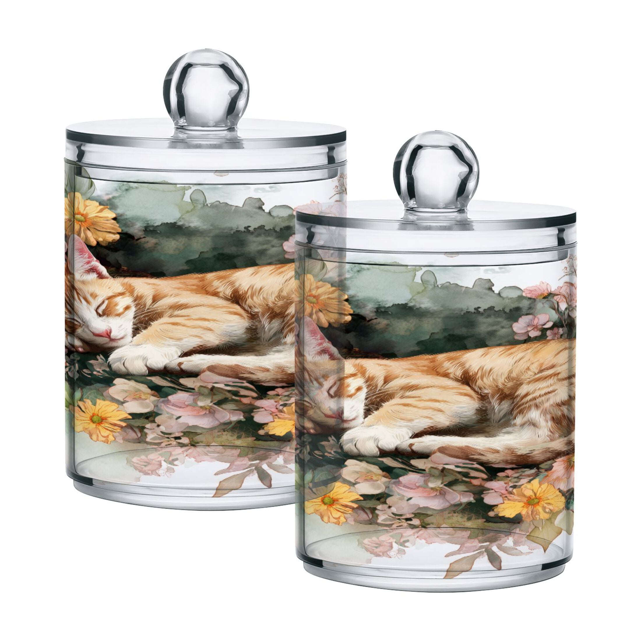 Cat Sleeping Surrounded by Flowers Translucent Plastic Cans Storage ...
