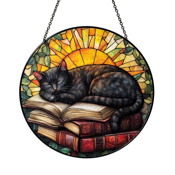 Cat Sleeping on Book Stained Glass Style Window Hanging – Home Decor ...