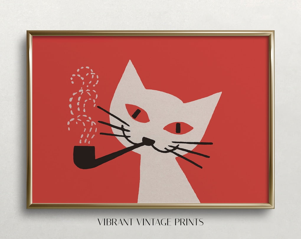 Cat Smoking Pipe, Cat Wall Art, Whimsical Wall Art, Retro Wall Decor ...