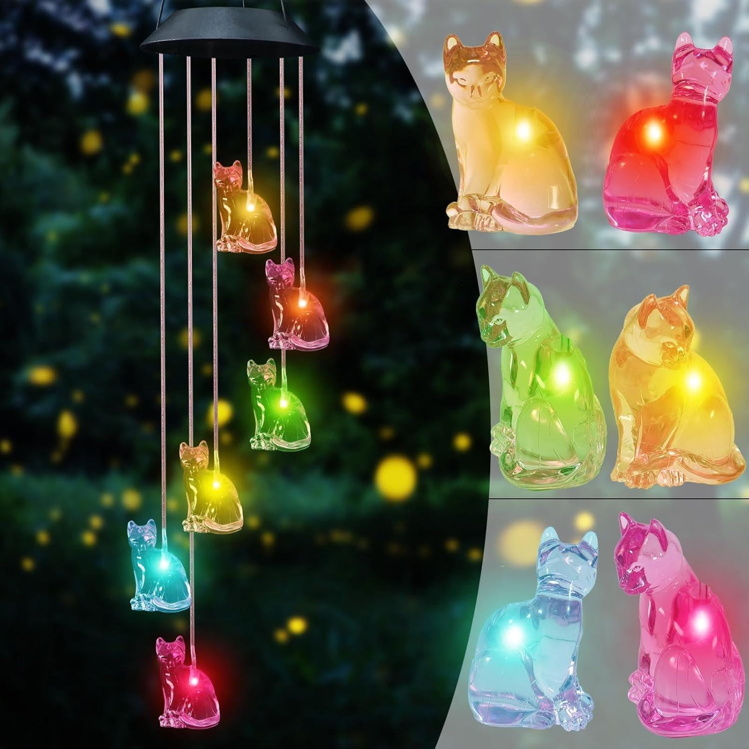 Cat Solar Wind Chimes for Outside Colors Changing Waterproof Decorative ...