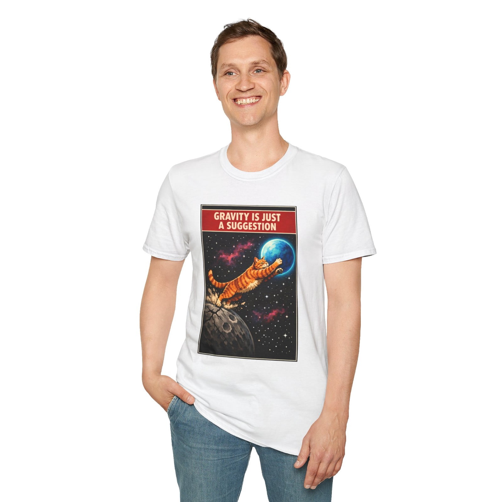 Cat Space Planets Leap Cosmic Adventure Sci Fi Unisex Softstyle T-Shirt ...