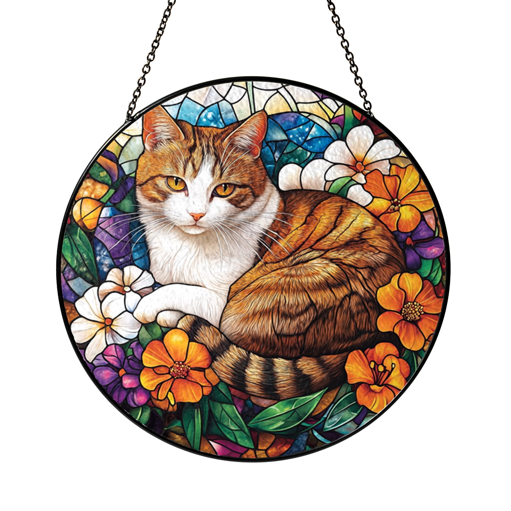 Cat Stained Glass Panel – Vibrant Feline Art with Floral Accents for ...