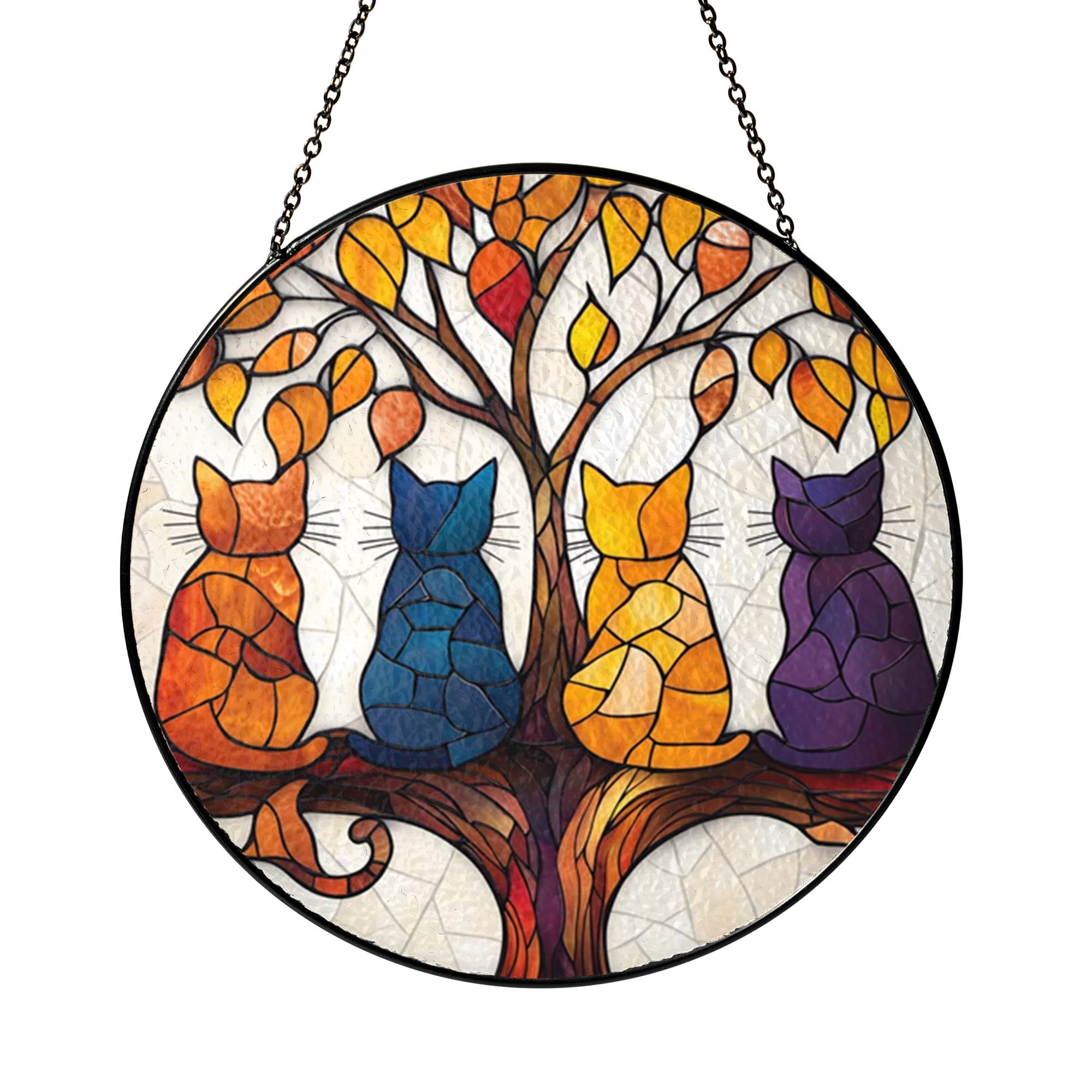 Cat Stained Glass Suncatcher Window Hanging Five Cats on Branch Cozy ...