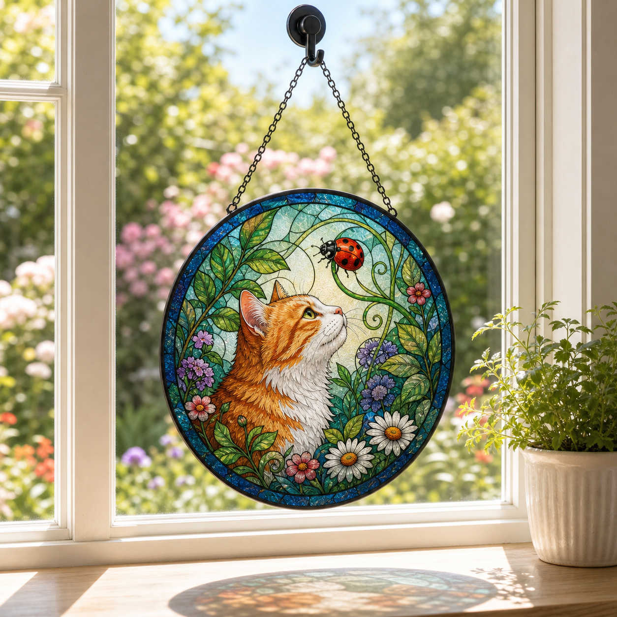 Cat Stained Glass Suncatcher Window Hanging, Ladybug Garden Cat Lover ...
