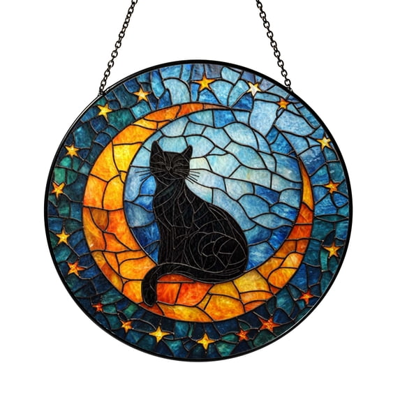 Cat Stained Glass Suncatcher with Stars and Bookshelf, Decorative ...