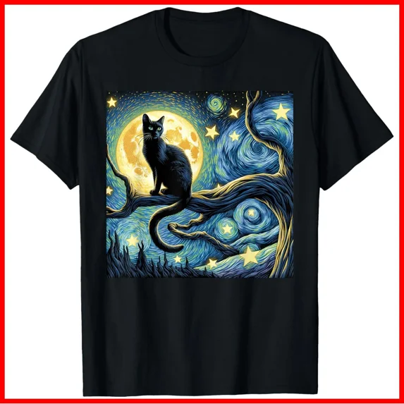 Cat Starry Night Van Gogh Style Funny Cat Art Unisex T-Shirt S-5XL ...
