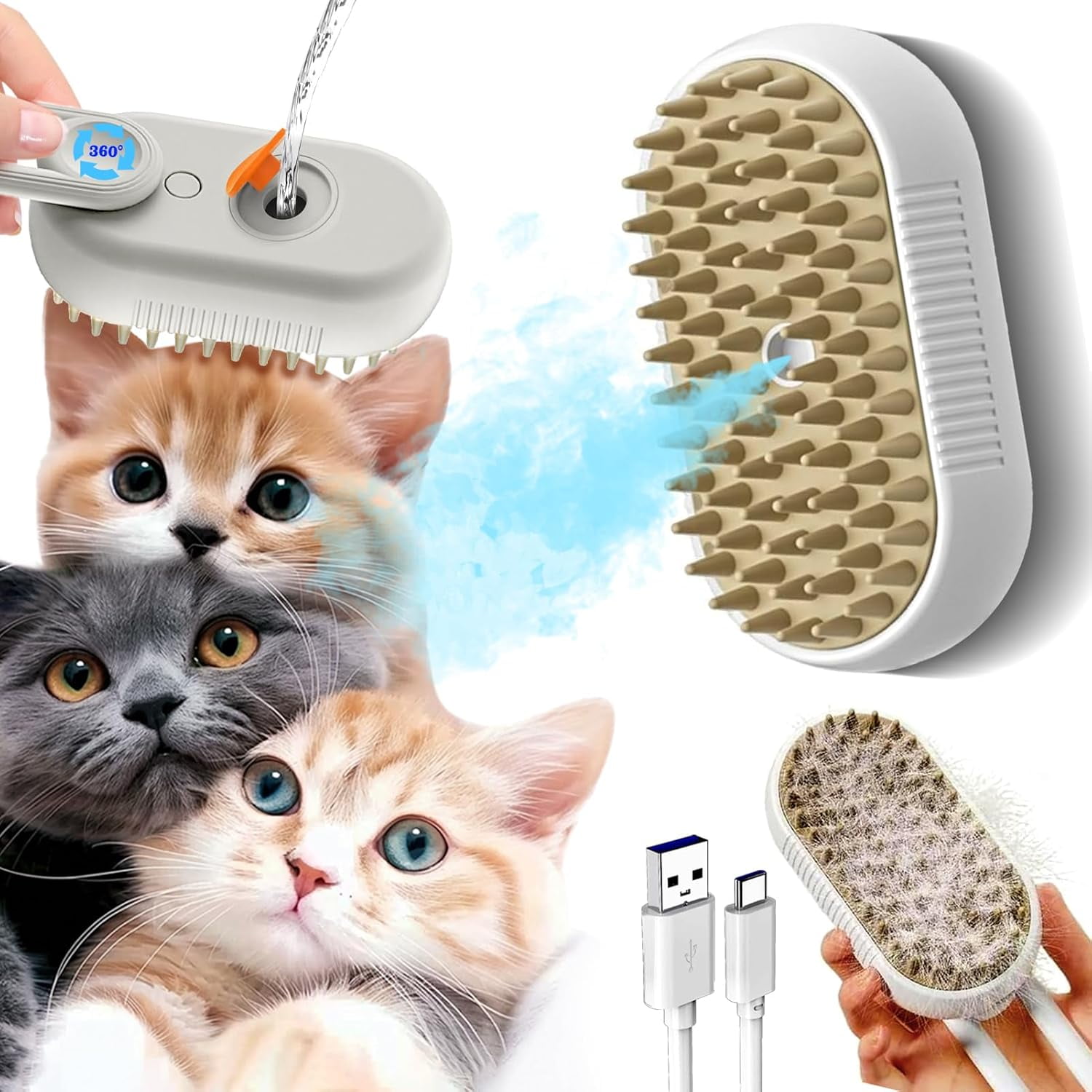 Cat Steam Brush for Shedding with Foldable Handle 4 in 1 Rechargeable ...