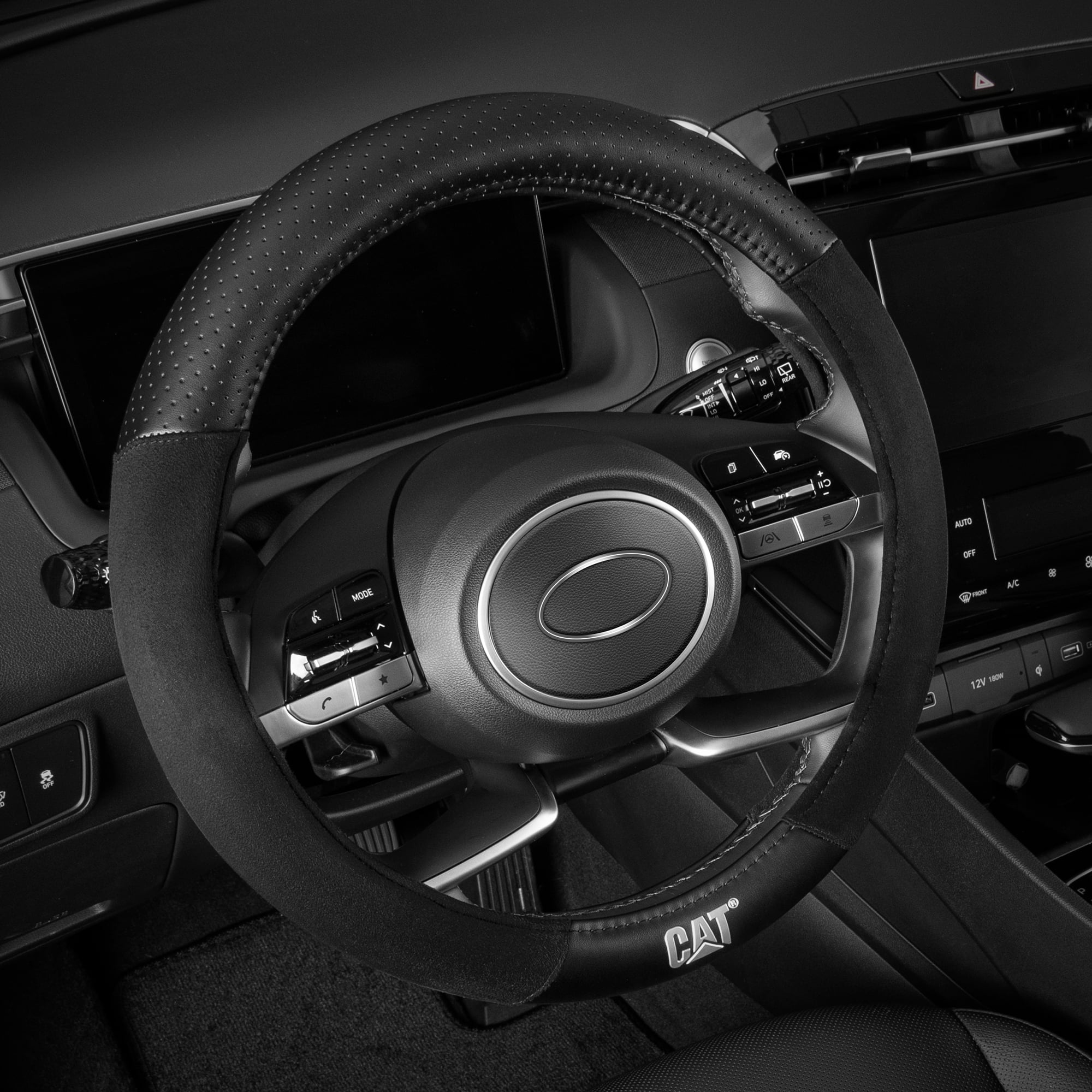 Caterpillar Cat Steering Wheel Cover Suede PU Leather Black Gray Chrome ...