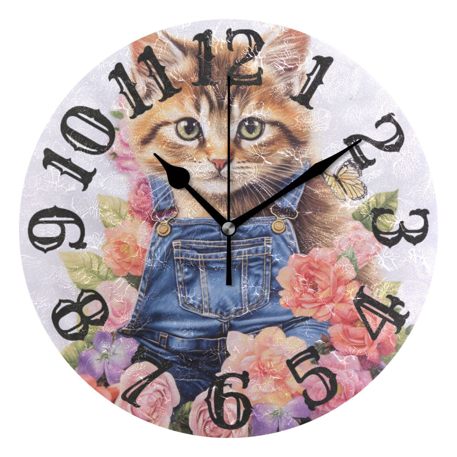Cat Strap Flowers Floral 10 inch Wall Clocks Non Ticking Easy to Read ...