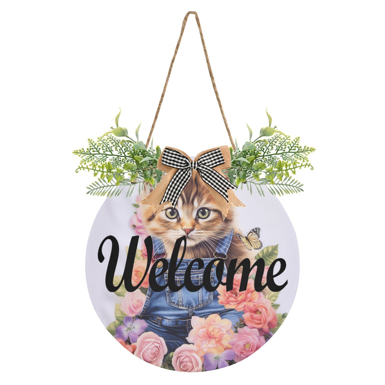 Cat Strap Flowers Floral Welcome Sign for Front Door Wreath Door Sign ...
