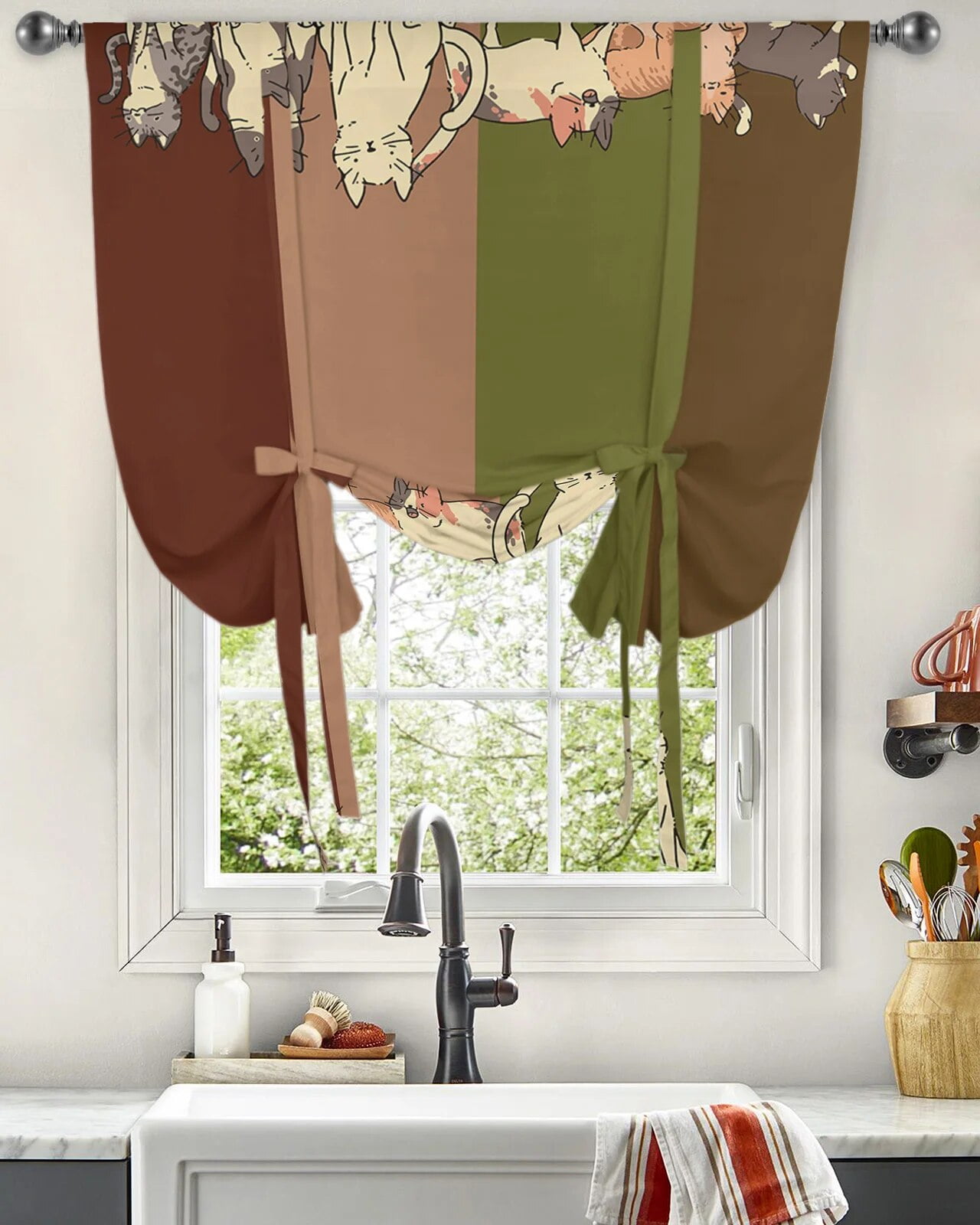 Cat Striped Curtain for Living Room Kitchen Tie-up Short Curtains ...