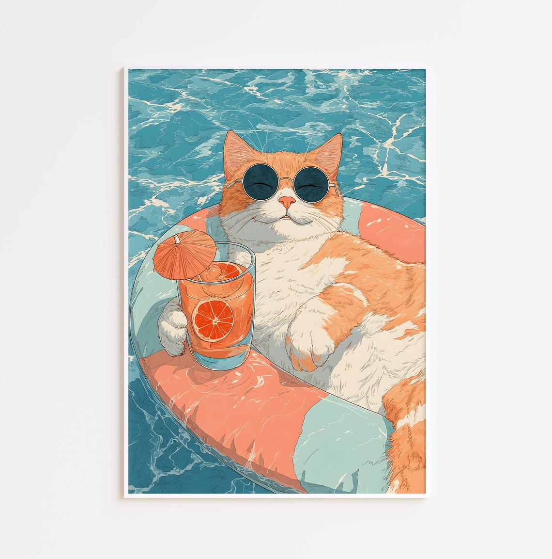 Cat Summer Art Poster, Orange Cat with Sunglasses Poster Decor For ...