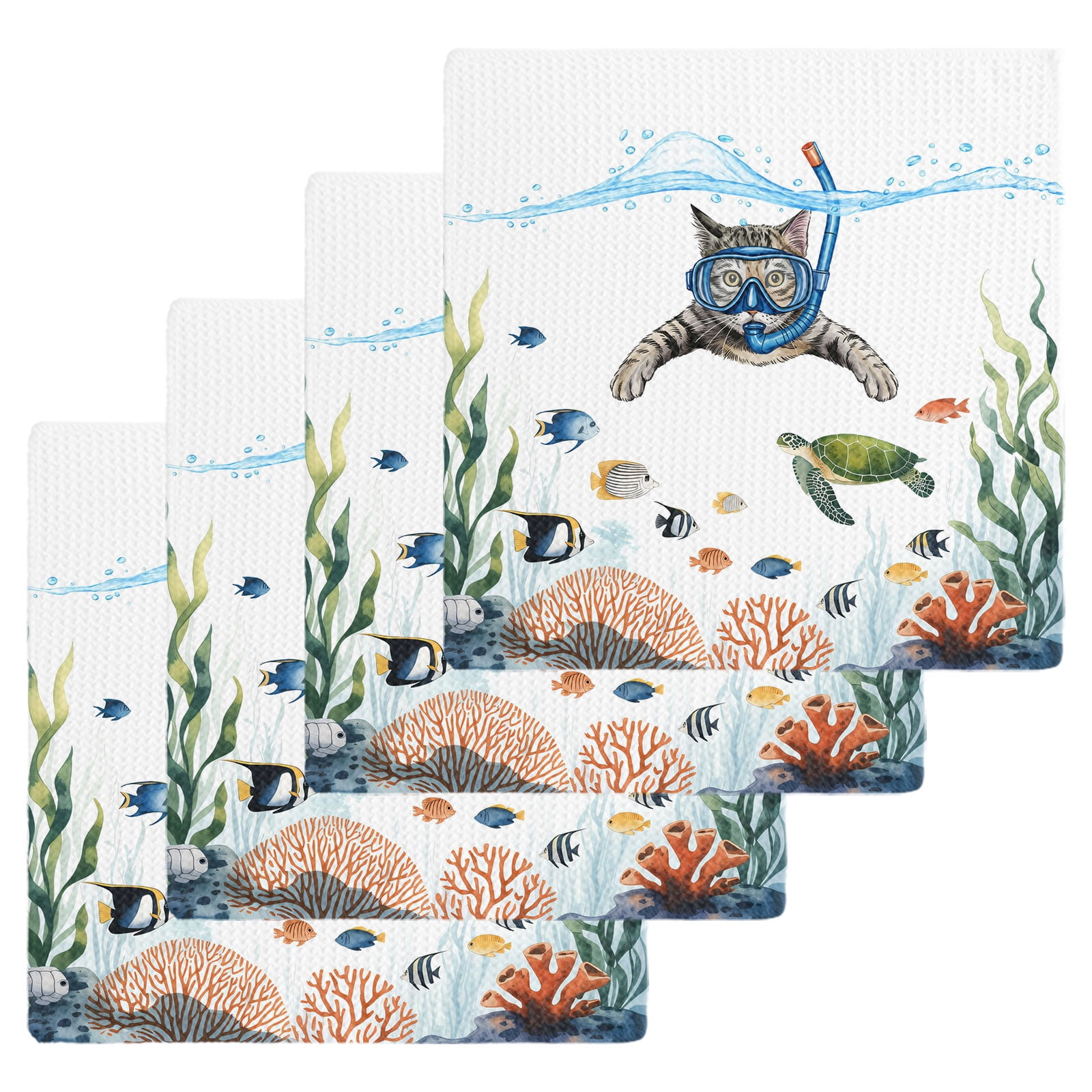 Cat Summer Beach Kitchen Dish Towels for Drying Dishes Set of 4 ...