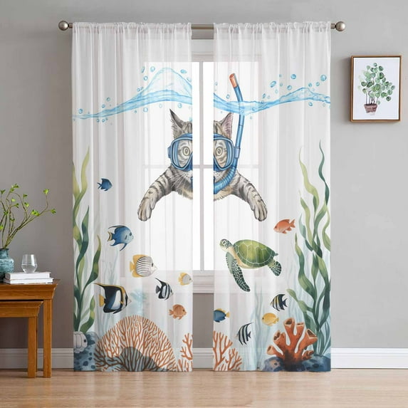 Cat Summer Beach Sheer Curtains 63 Inches Length 2 Panels Set, Window ...