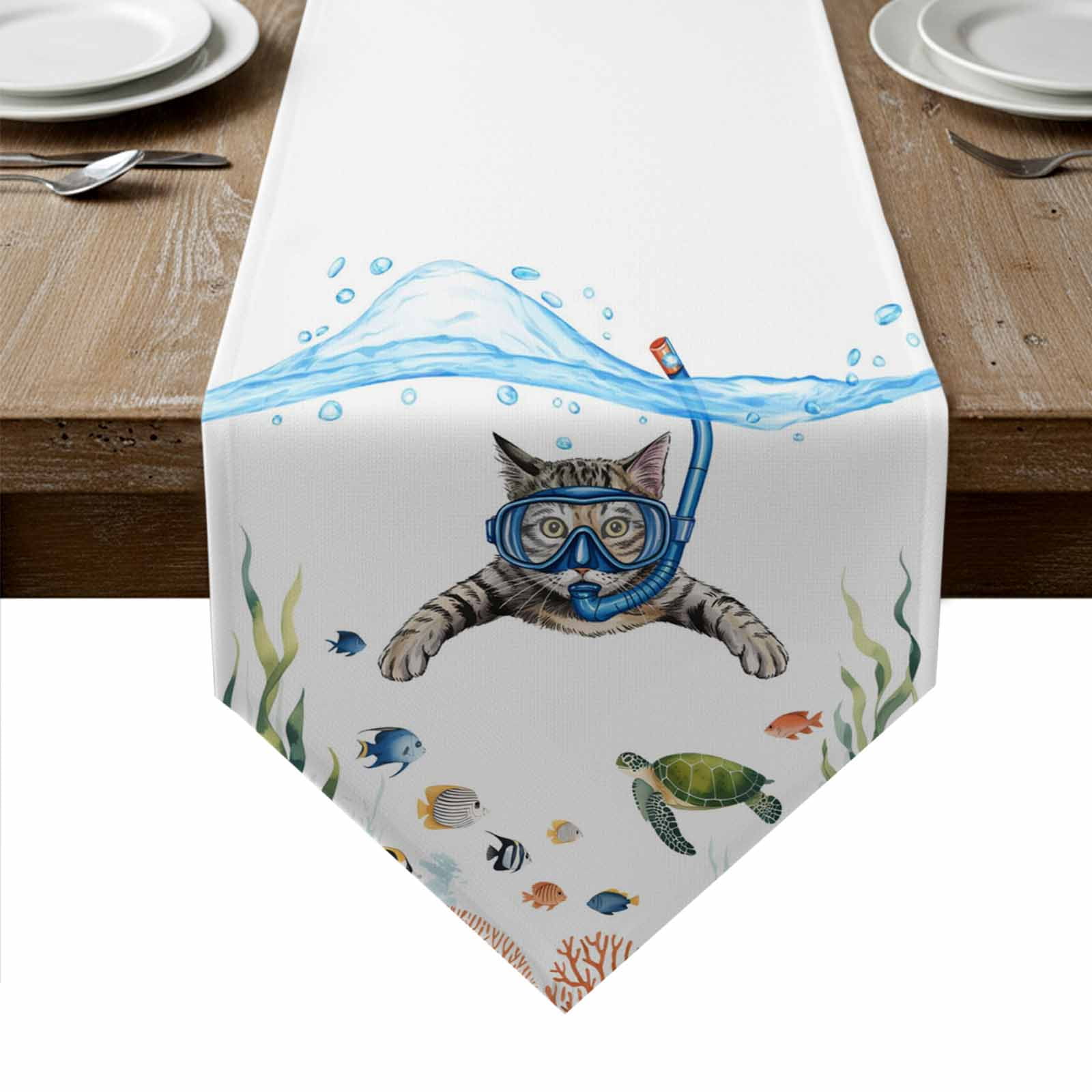 Cat Summer Beach Table Runner Linen Burlap Table Runner 120 Inches Long ...