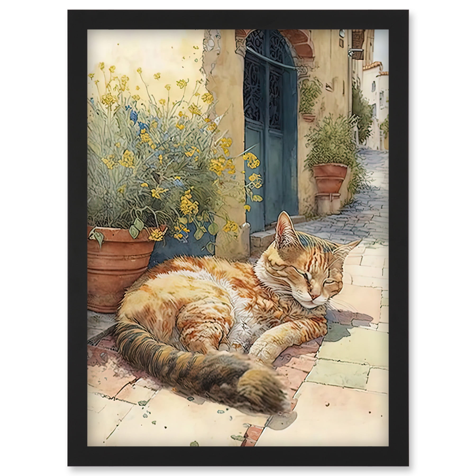 Cat Sunbathing in Mediterranean Village Street Watercolour Illustration ...