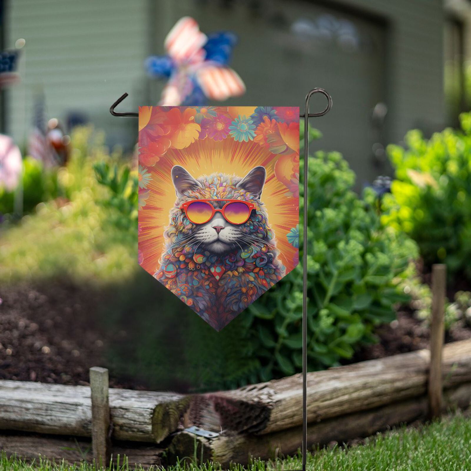 Cat Sunglasses Flowers Garden Flag 18" x 12.5" Double Sided Yard Lawn ...