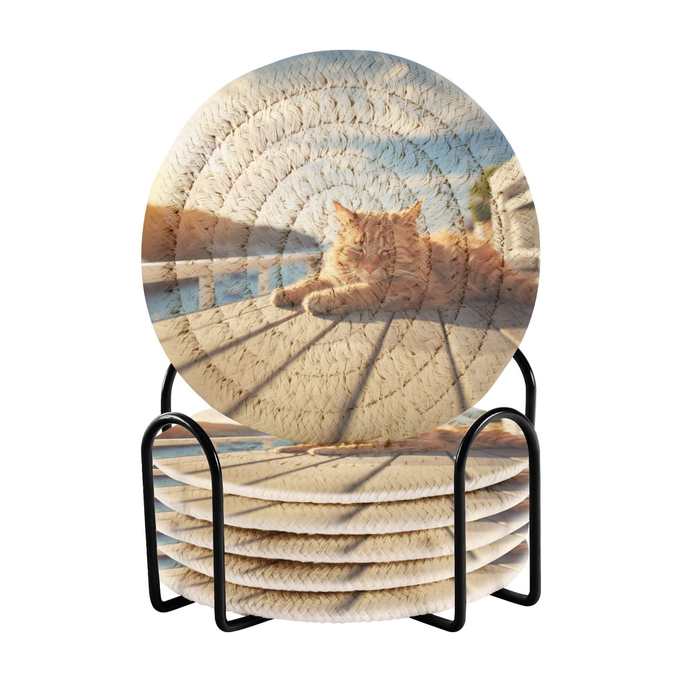 Cat Sunlight Mountains Chair 6 Pcs Drink Coasters with Holder Absorbent ...