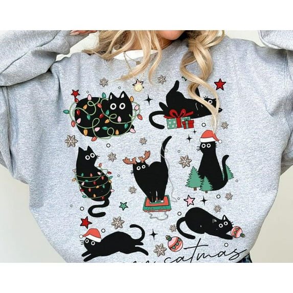 Cat Sweatshirt Catmas Meow Tree Light Its Fine Sweater Kitty Black Cat ...