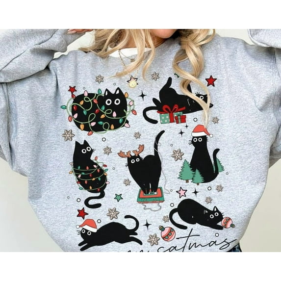 Cat Sweatshirt Catmas Meow Tree Light Its Fine Sweater Kitty Black Cat ...