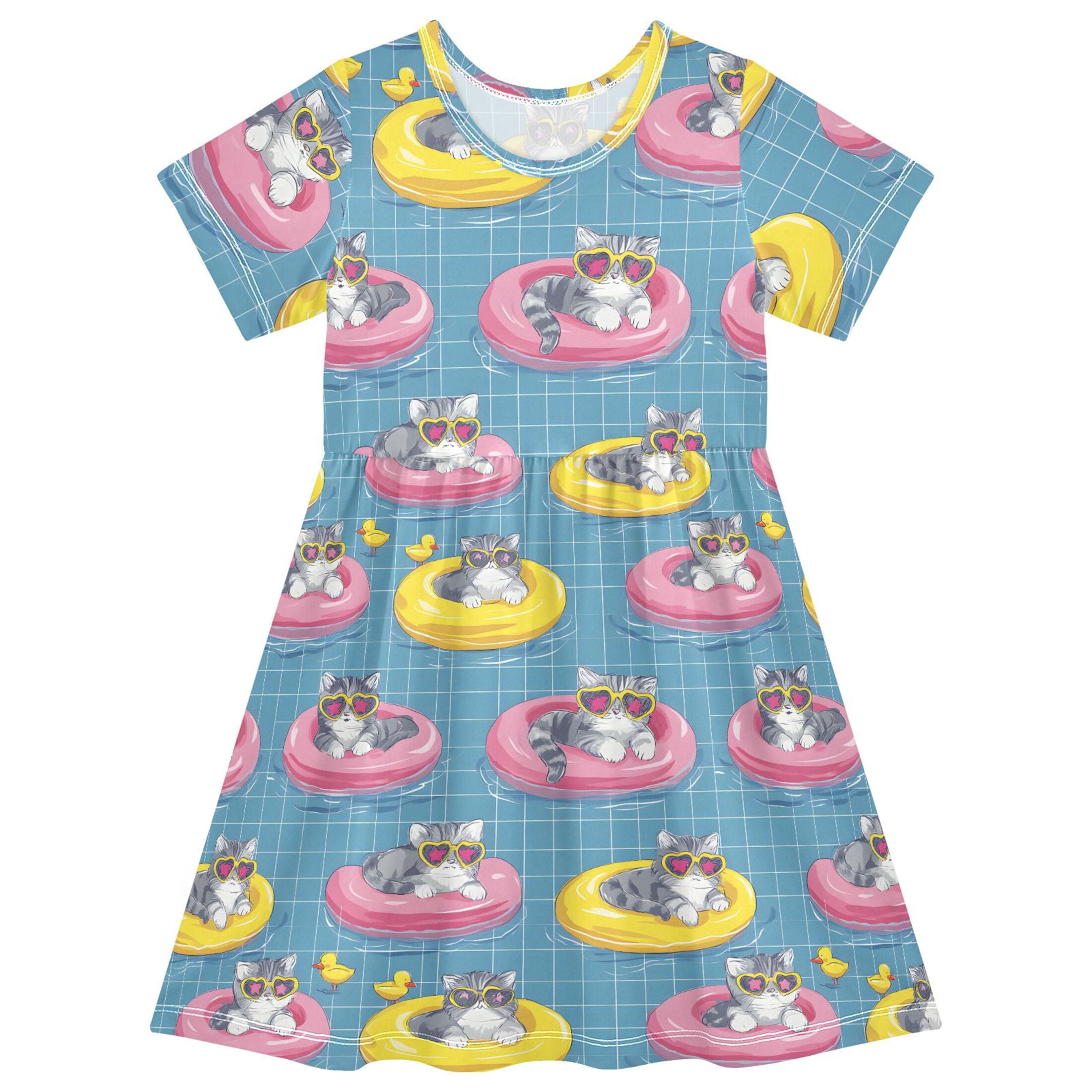 Cat Swimming Ring Short Sleeve Dress A-Line Cute Midi Casual Sundress 2 ...