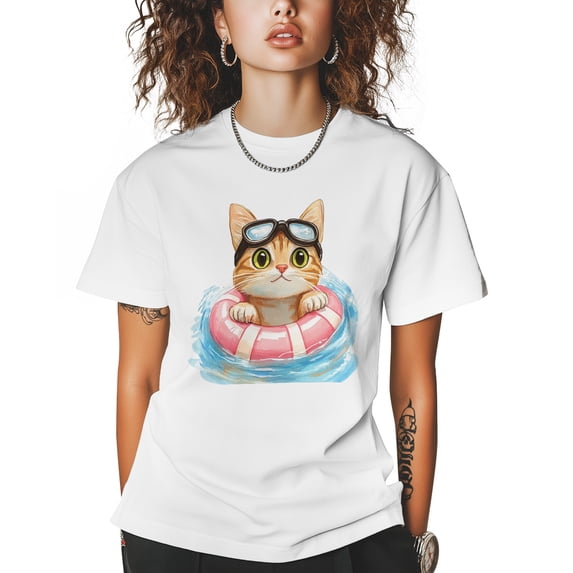 Cat Swimming T Shirts for Women Short Sleeve Cotton Crewneck T-Shirt ...