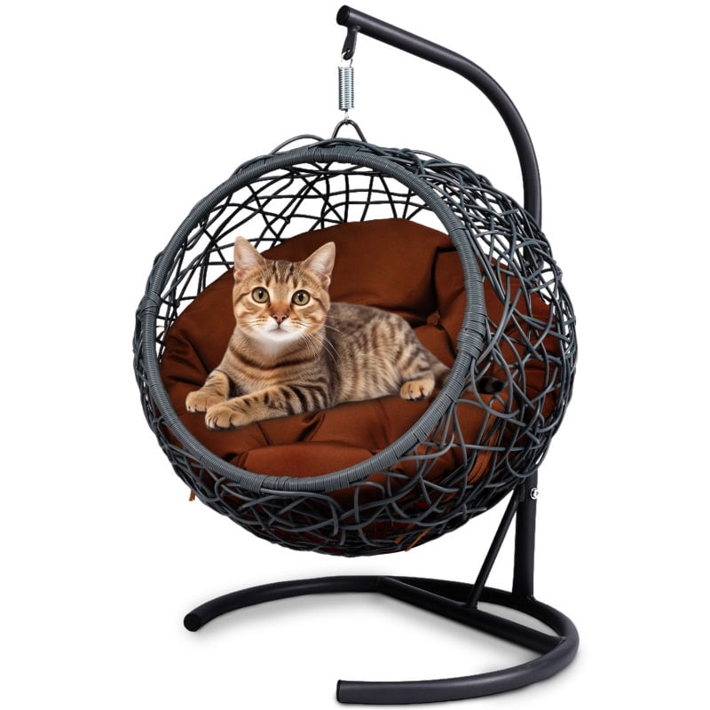 Cat Swing Bed with Stand & Cushion, Cat Egg Chair with Rattan Wicker Appearance, Indoor Hanging ...
