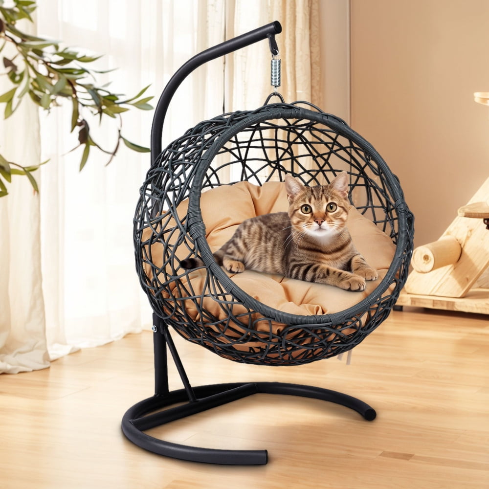 Cat Swing Bed with Stand & Cushion, Cat Egg Chair with Rattan Wicker ...