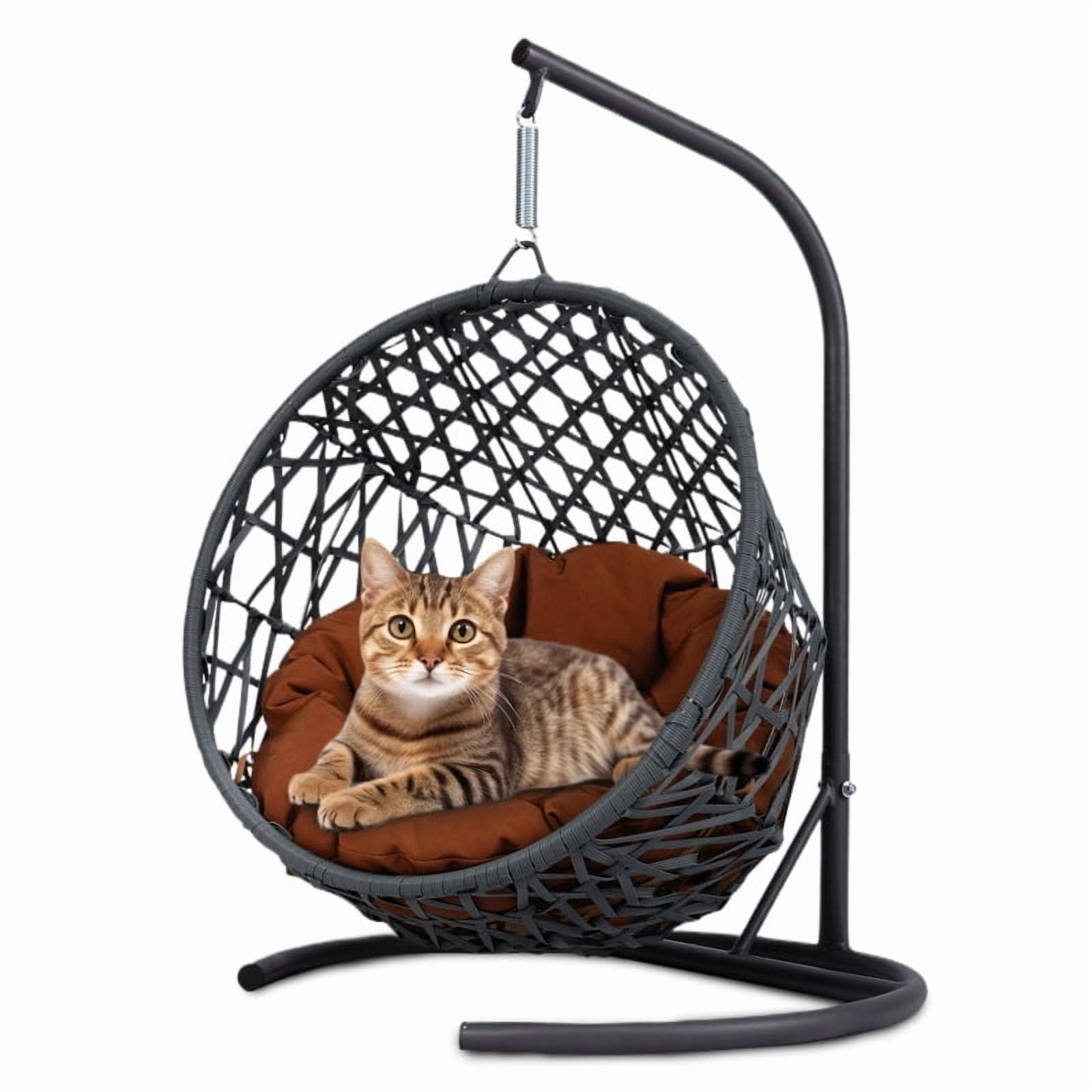 Cat Swing Bed with Stand & Cushion, Cat Egg Chair with Rattan Wicker ...