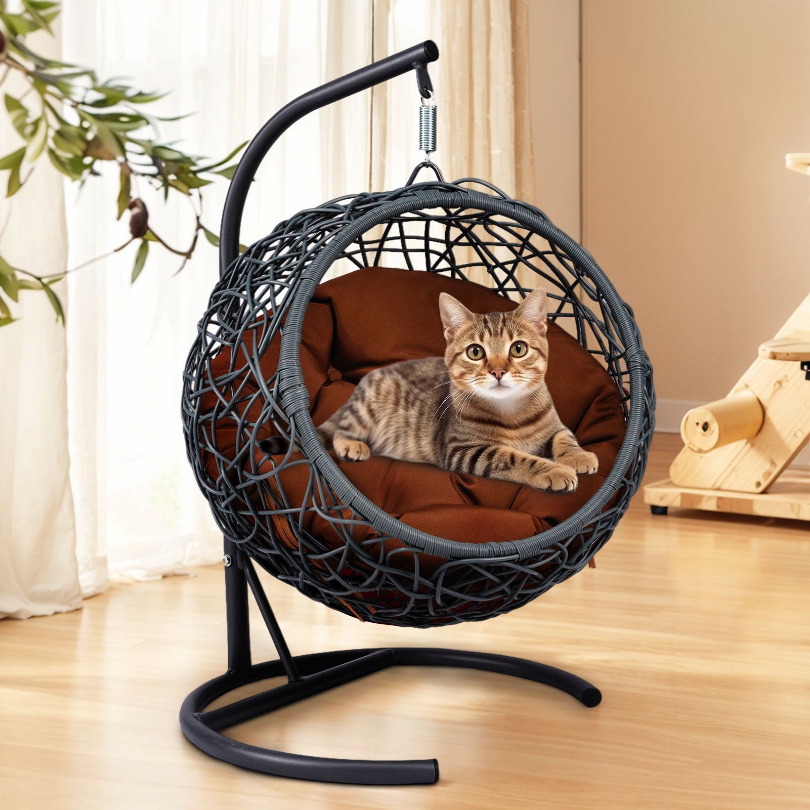 Cat Swing Bed with Stand & Cushion, Cat Egg Chair with Rattan Wicker Appearance, Indoor Hanging ...