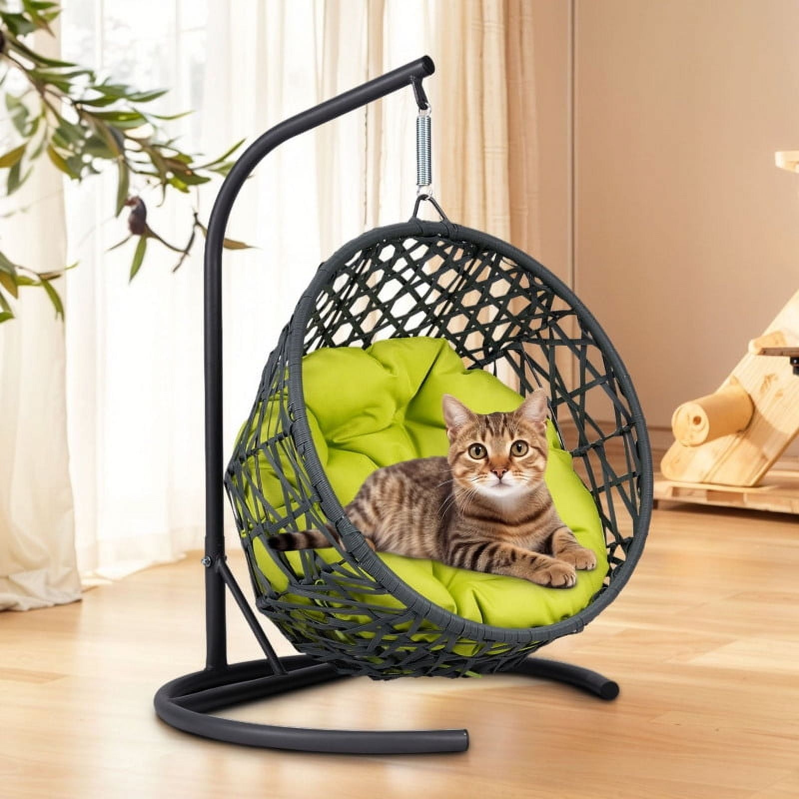 Cat Swing Bed with Stand & Cushion, Cat Egg Chair with Rattan Wicker ...