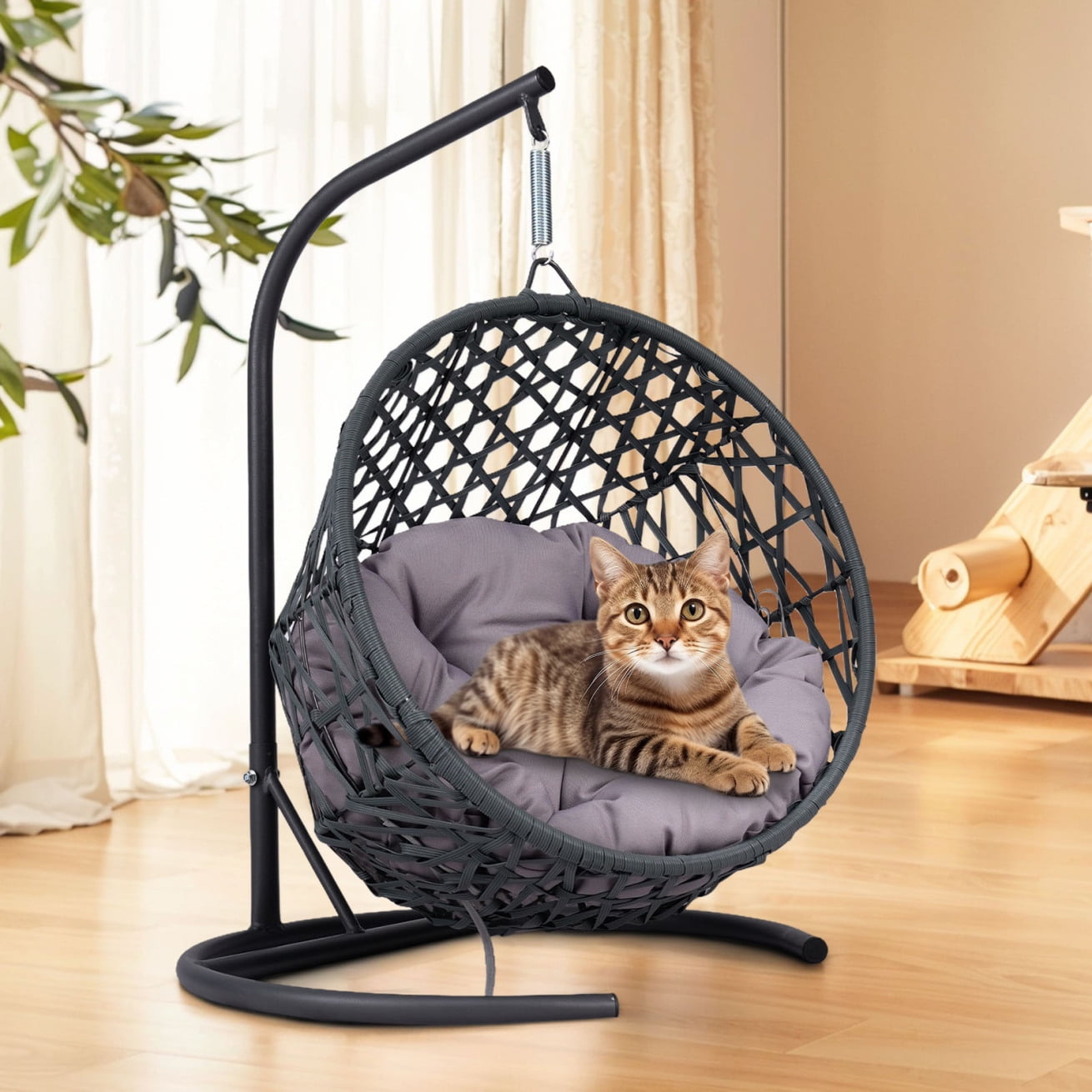 Cat Swing Bed with Stand & Cushion, Cat Egg Chair with Rattan Wicker ...