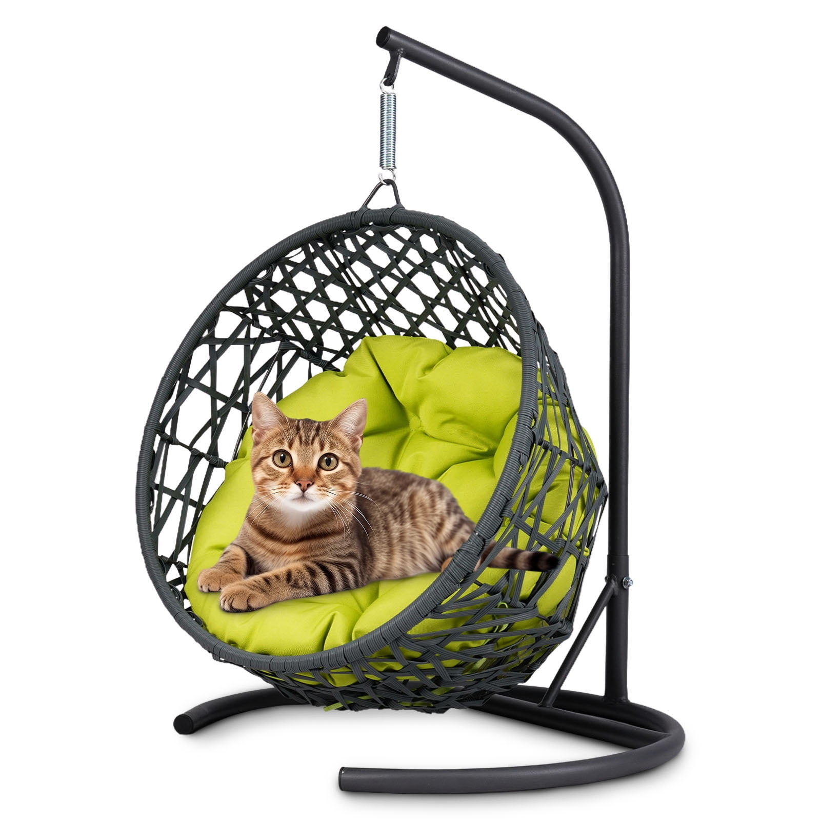 Cat Swing Bed with Stand & Cushion, Cat Egg Chair with Rattan Wicker Appearance, Indoor Hanging ...