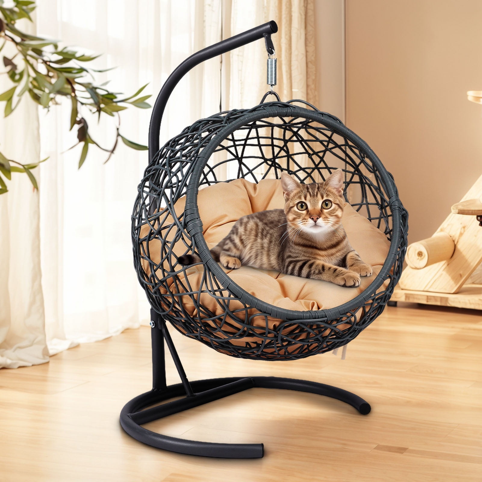 Cat Swing Bed with Stand & Cushion, Cat Egg Chair with Rattan Wicker Appearance, Indoor Hanging ...