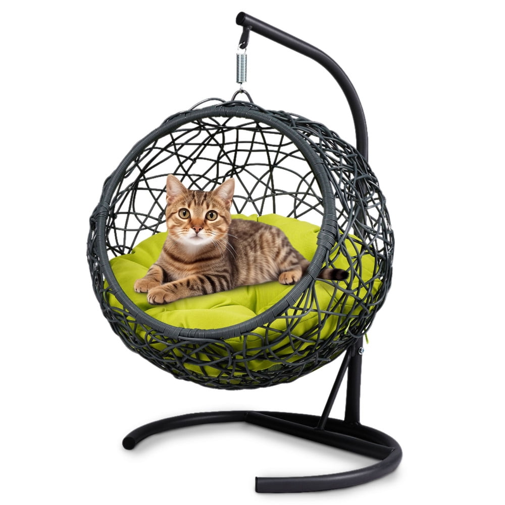 Cat Swing Bed with Stand & Cushion, Cat Egg Chair with Rattan Wicker ...
