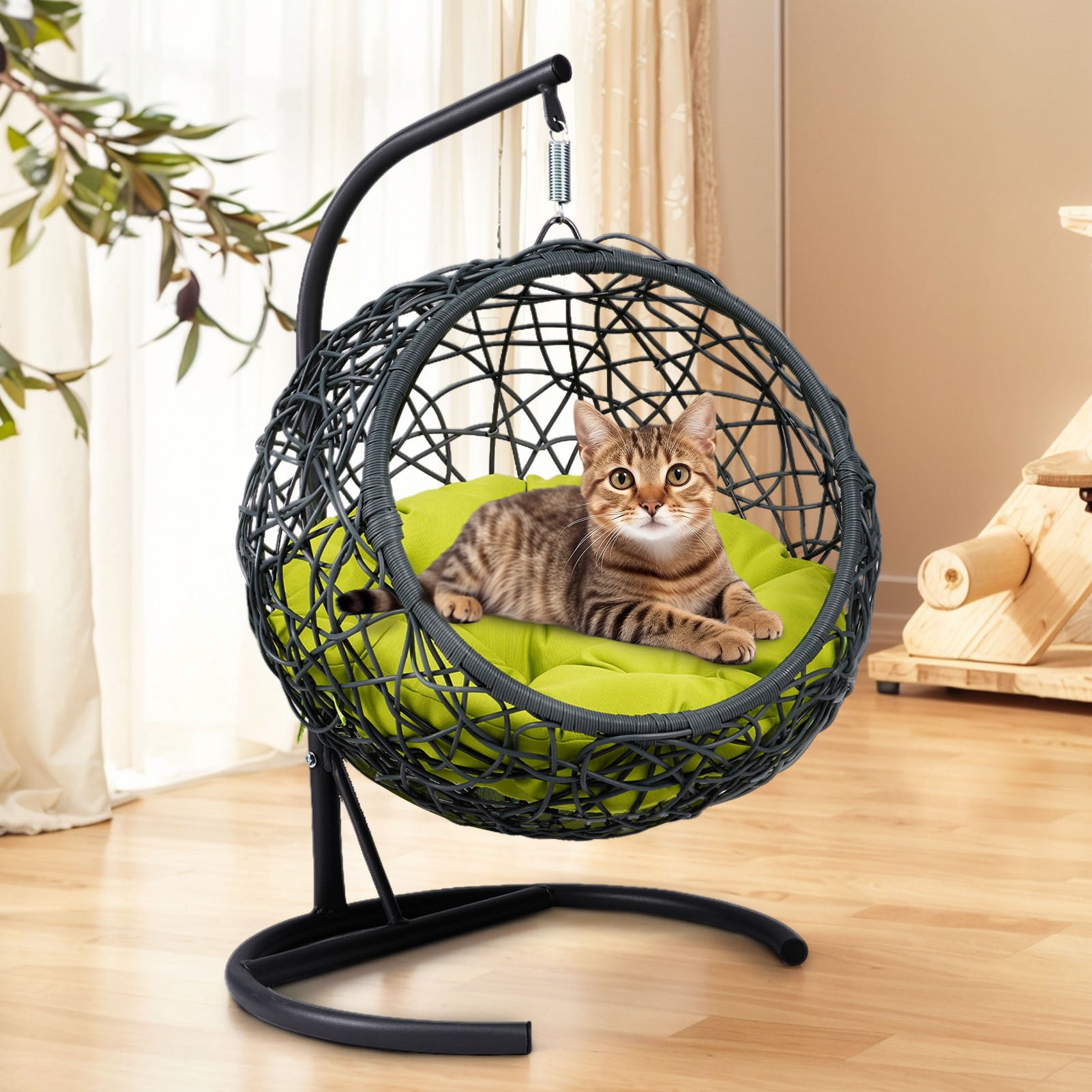 Cat Swing Bed with Stand & Cushion, Cat Egg Chair with Rattan Wicker Appearance, Indoor Hanging ...