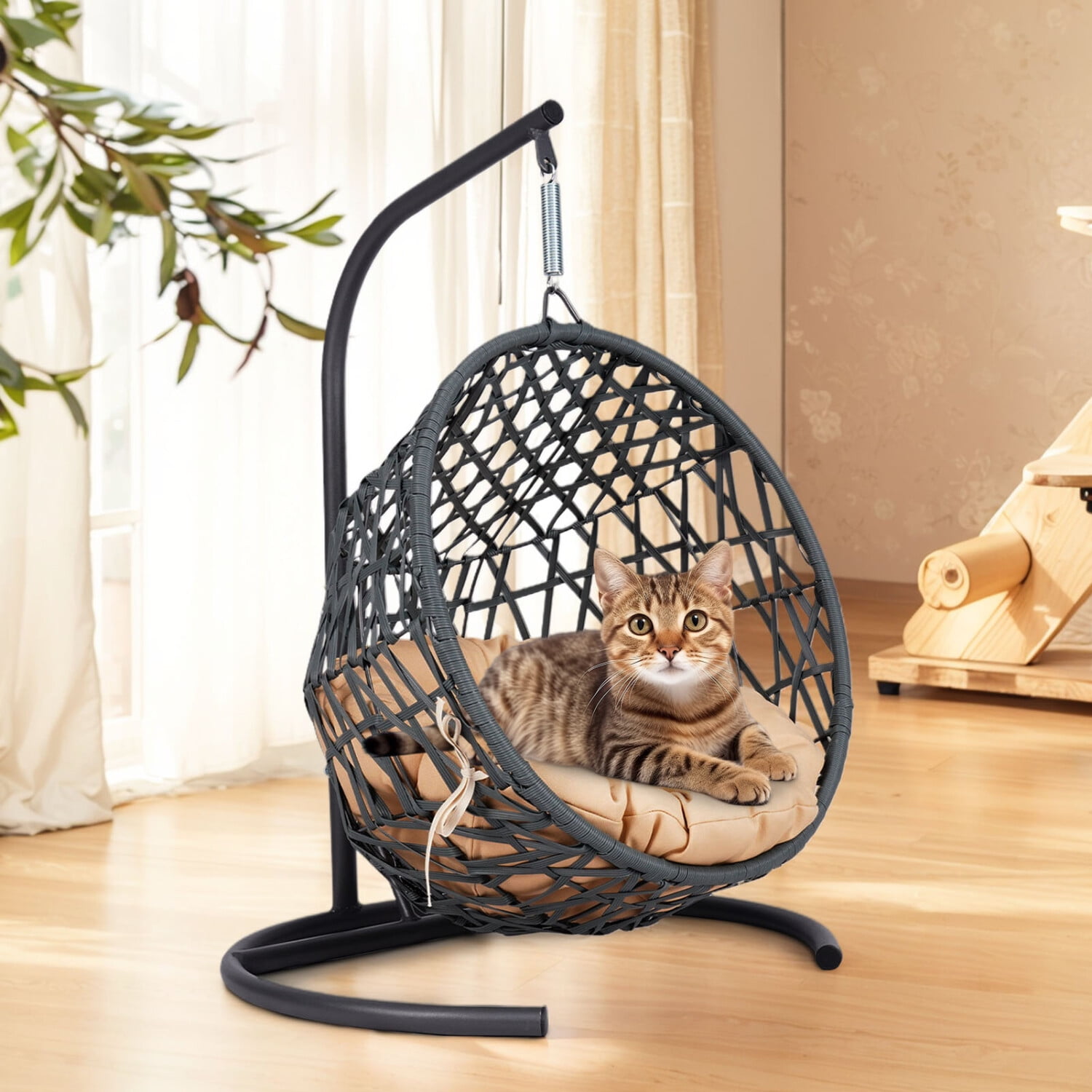 Cat Swing Bed with Stand and Cushion, Rattan Wicker Cat Bed, Indoor ...