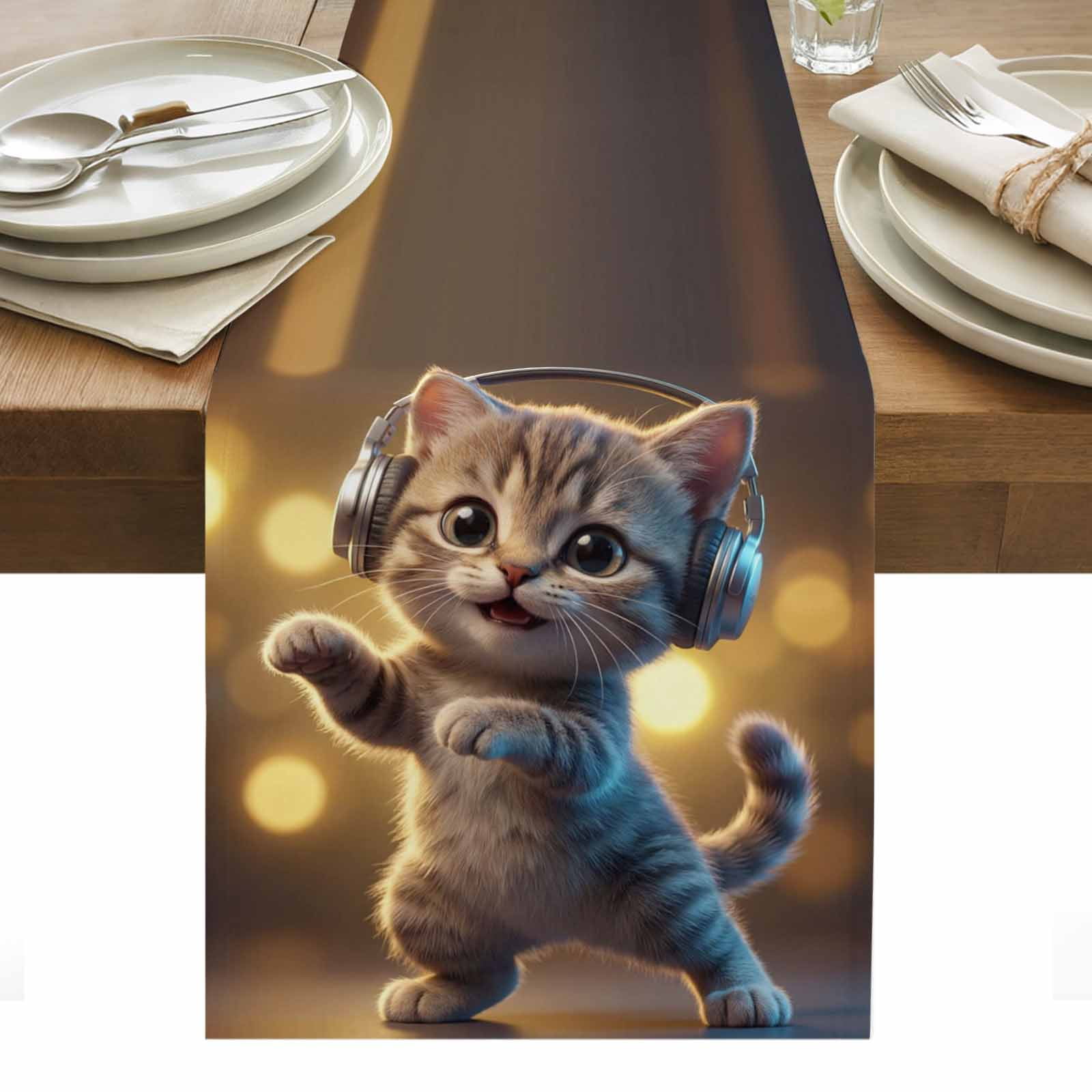 Cat Table Runner 13 x 72 Inch, Abstract Headphone Cat Shiny Light ...