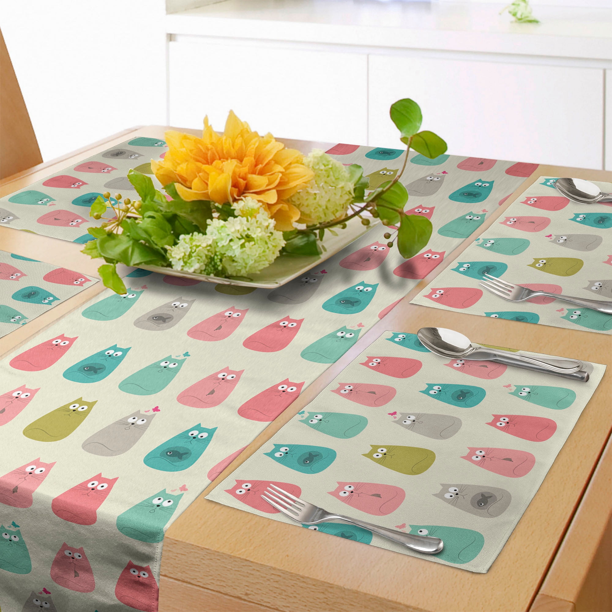 Cat Table Runner & Placemats, Repetitive Kitten Print Funny Feline ...