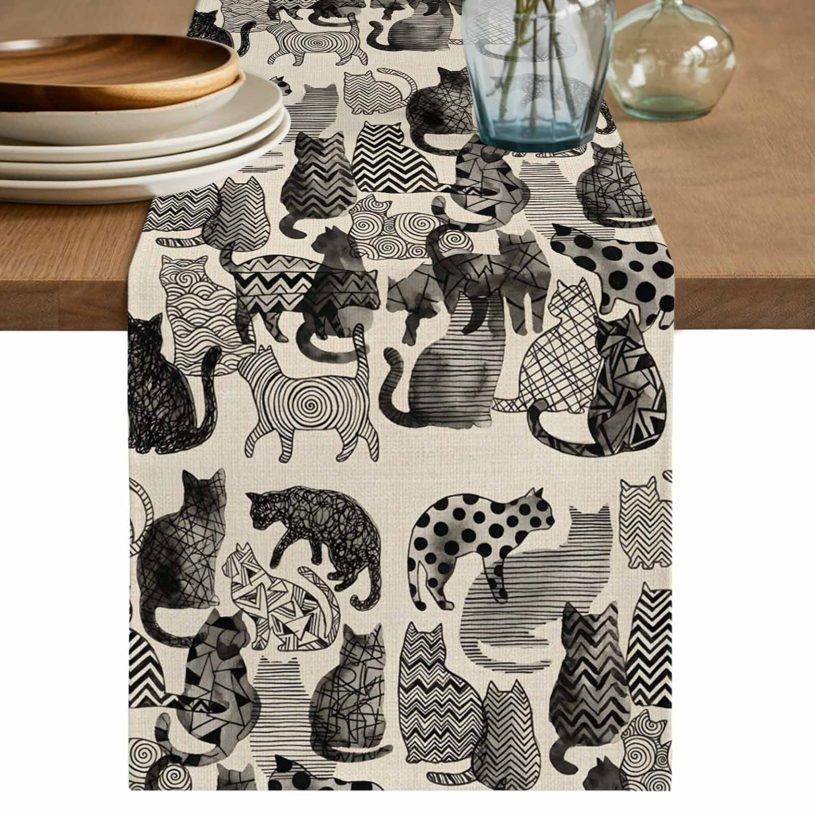 Cat Table Runner, Vintage Geometric Abstract Polka Dot Washable Cotton ...