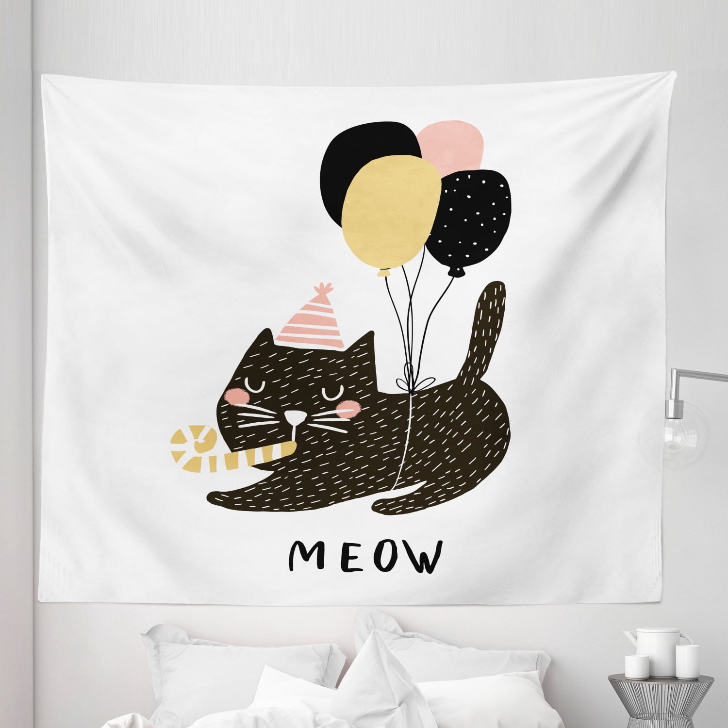 Cat Tapestry, Birthday Party Feline with Balloon and Hat Hand Drawn ...